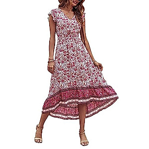 PRETTYGARDEN Summer Dresses for Women 2023 - V Neck Floral High Low Flowy Maxi Dress White