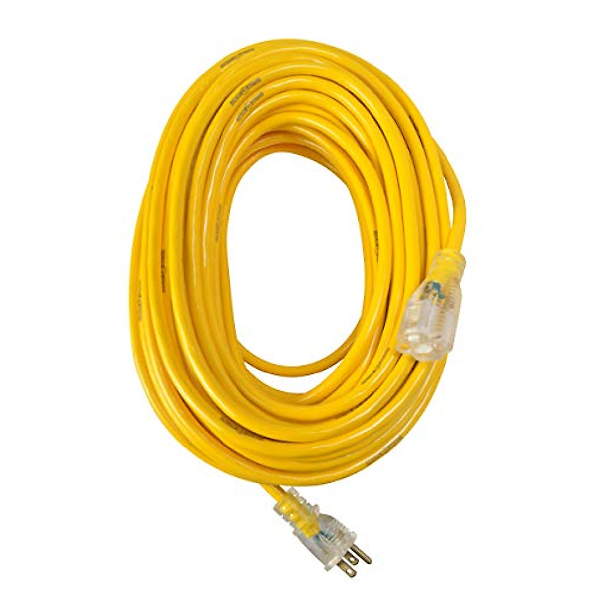 Yellow Jacket 2885 12/3 Heavy-Duty 15-Amp Premium SJTW Contractor Extension Cord with Lighted End, Ideal use With Heavy Duty Equipment and Tools, Durable Molded Plugs, 100 Feet, Yellow