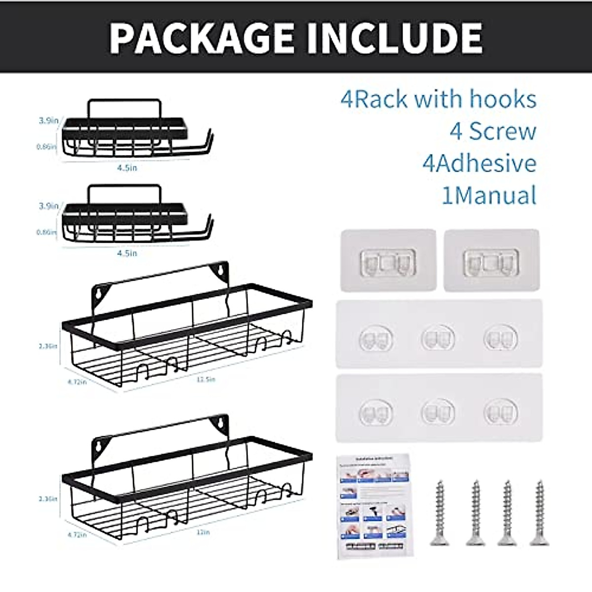 Oudvaker 4 Pack Shower Caddy Shelf Organizer Rack with Shower Soap Holder Wall Self Adhesive Suction Bathroom Set Decor Organization Shelves Kitchen Storage Spice Rack, Black