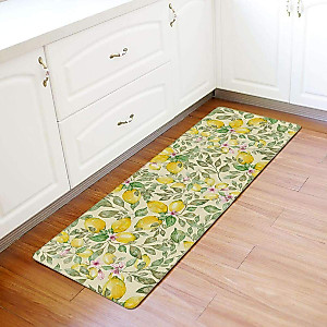 Yellow Fruit Lemon Leaves Antifatigue Kitchen Bath Door Mat Cushioned Runner Rug, Washable Welcome Floor Sink Mat, Pink Floral Waterproof & Non-Slip Comfort Standing Doormat for Kitchen, 18"x30"