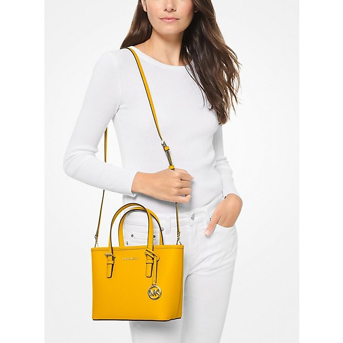 Michael Kors Jet Set Travel Leather XS Carryall Zip Convertible Tote Satchel Bag (Jasmine Yellow)
