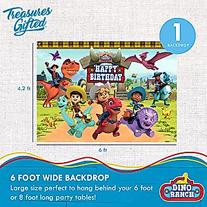 Treasures Gifted Dino Ranch Birthday Party Supplies - Dino Ranch Backdrop - 4.25ft Tall x 6ft Wide Happy Birthday Backdrop - Large Dino Ranch Birthday Banner - Dino Ranch Party Decorations for Wall