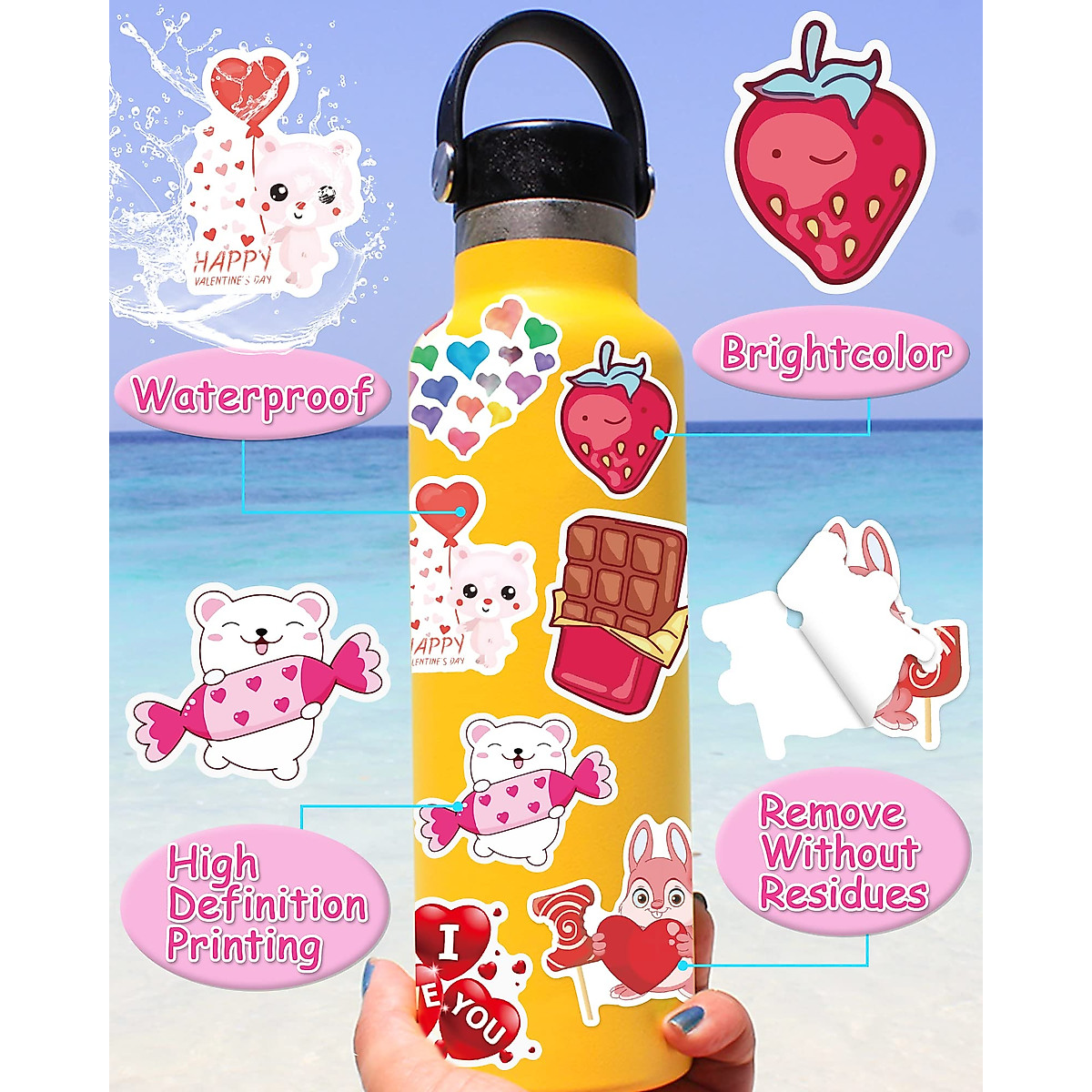 Valentines Day Stickers, Heart Stickers for Water Bottles Cards Gift Boxes Party Favors, Valentines Gifts for Kids Classroom, Waterproof Vinyl Love Stickers for Kids Teens Girls