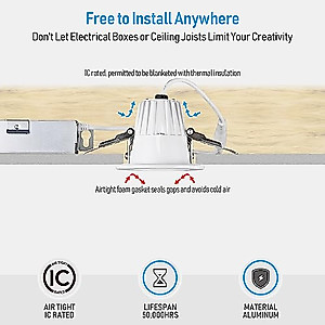 TORCHSTAR 2 Inch LED Recessed Lighting with Junction Box, 600lm CRI90+ Dimmable Anti-Glare LED Downlight, IC Rated, ETL, Energy Star, JA8 & T24 Listed, Baffle Trim, 3000K Warm White, Pack of 6