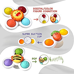 Hooku 3 Pcs Suction Cup Spinner Toys, Suction Cup Toys for Babies, Spinning Toys for Toddlers 1-3, Sensory Toys Early Education Toys Bathtub Toy Dining Chairs Toys, Birthday Gifts for Baby Boy Girl