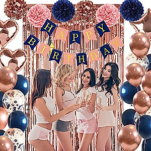 Navy Blue Rose Gold Happy Birthday Party Decorations Kit for Women Girls Men, Banner, Flower Pompoms, Fringe Curtain, Cake Topper, Foil Balloons for 16th 18th 21st 30th 40th 50th 60th Party Supplies