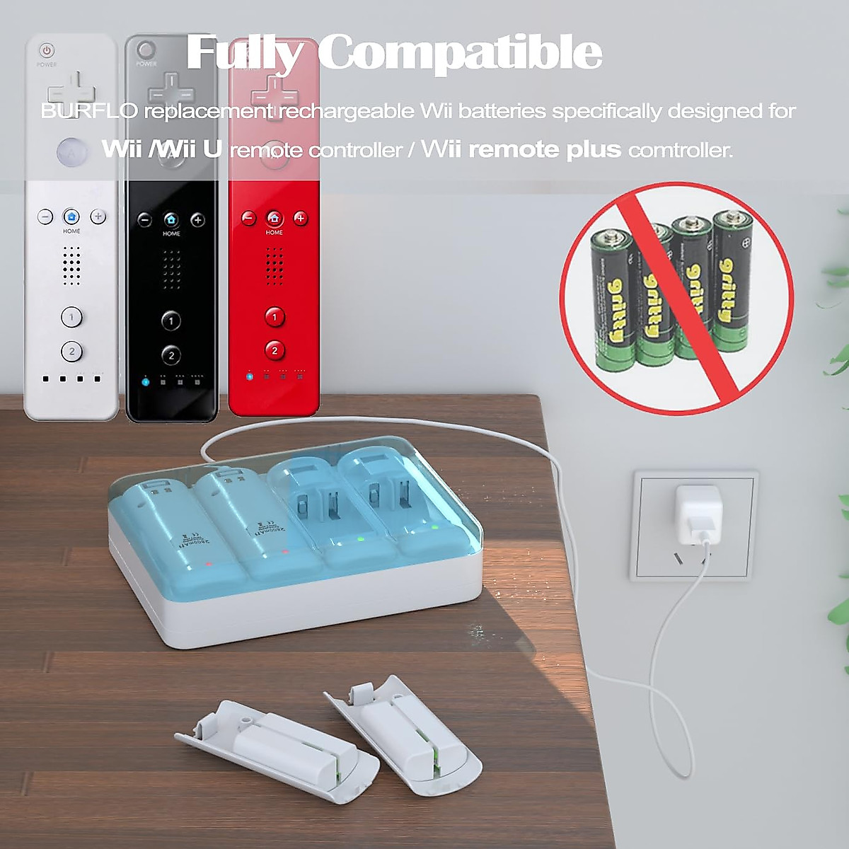 Rechargeable 4 Pack Battery Pack for Wii/Wii U Remote Controller,2800mAh Replacement Batteries and 4 Ports Charger Station for Wii/Wii U Remote Controller Battery Pack,wii Remote Charger-BURFLO