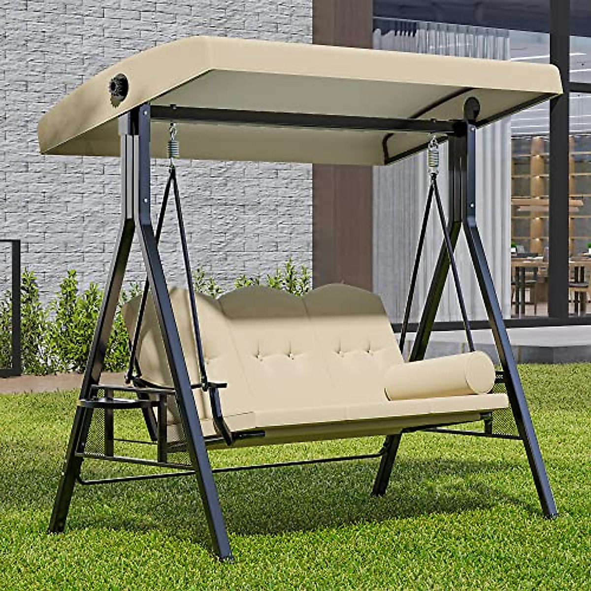 YITAHOME 3-Seat Deluxe Outdoor Porch Swing Large Patio Swing Chair with Weather Resistant Steel Frame, Removable Cushion & Pillow Suitable for Garden, Poolside, Balcony (Beige) (MAYIH0000021MA)