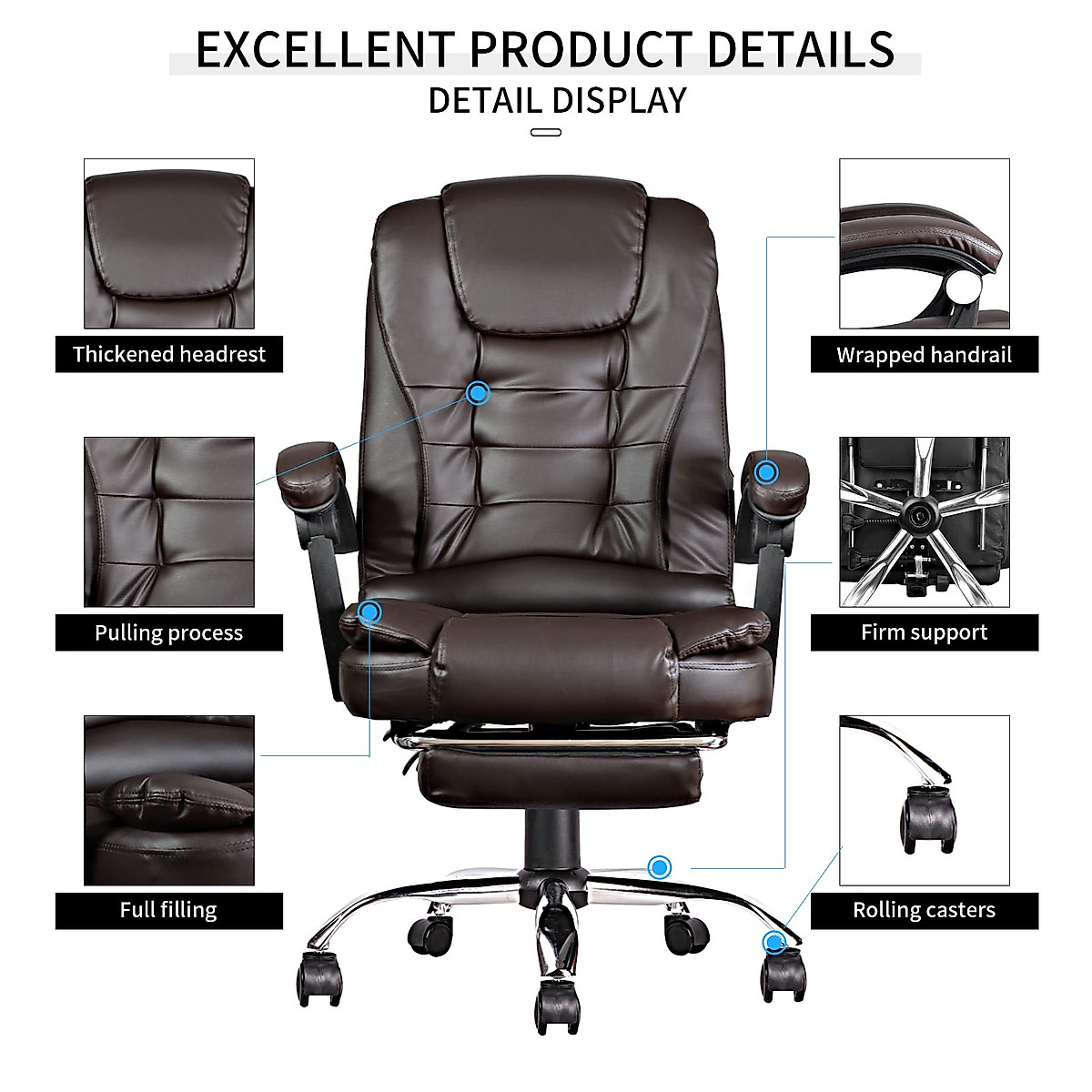 BXCSMFA Executive Office Chair Black Leather Reclining Office Chair with Footrest, Ergonomic Massage Office Chair Comfortable Adjustable Computer Task Rolling Chair (Amber Massage Executive Chair)