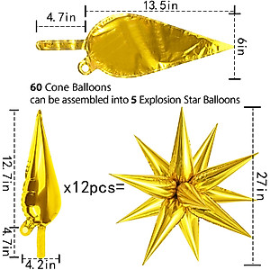 60 Pcs Gold Star Balloons Explosion 12 Point Foil Cone Balloons Magic Starburst Balloons Large for Wedding Anniversary Backdrop Birthday Party Decorations