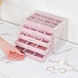 ProCase Earring Holder Organizer Jewelry Box with 5 Drawers, Acrylic Clear Earring Case with Adjustable Velvet Trays for Women - Pink, 5 Layers