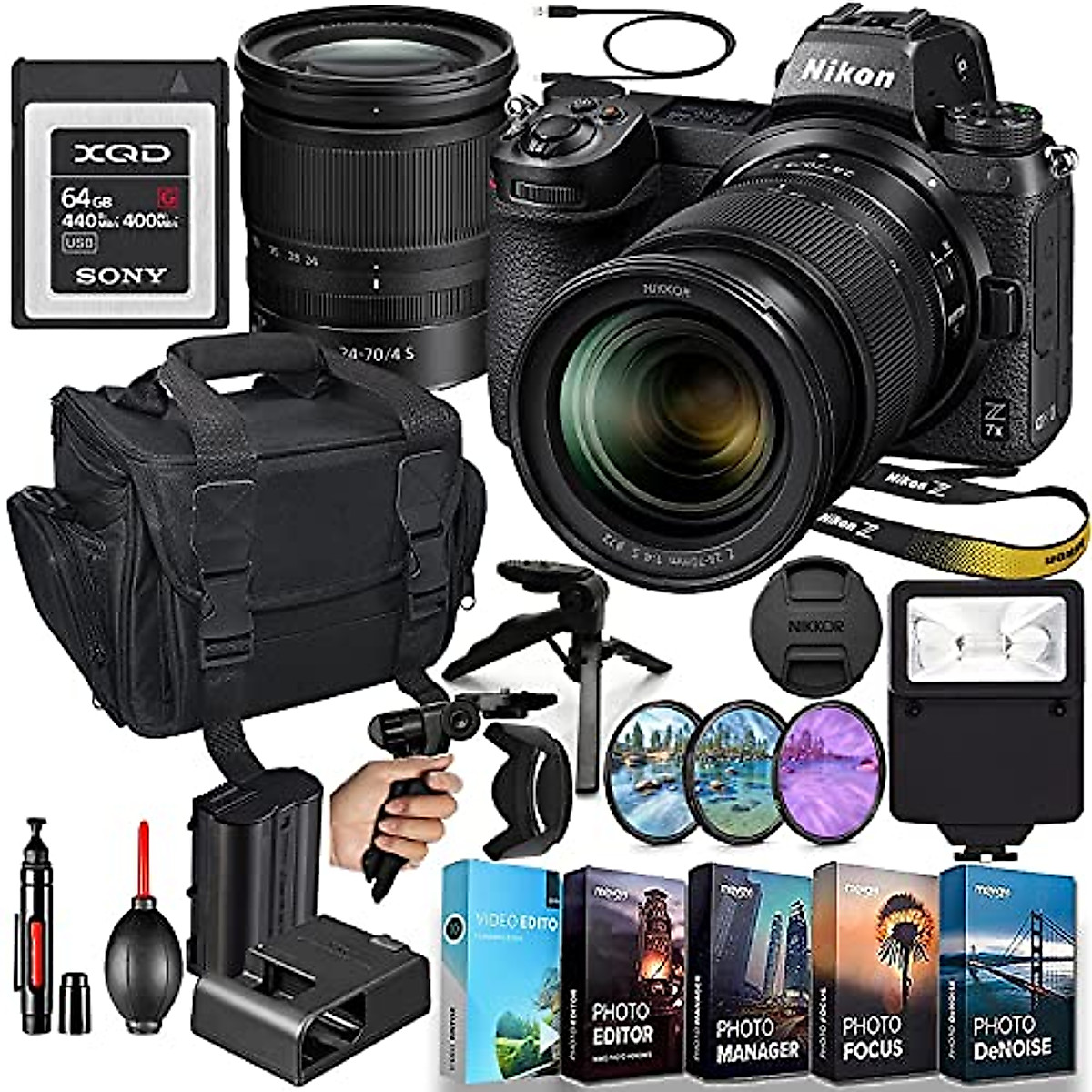 Nikon Z7II Mirrorless Digital Camera with 24-70mm Lens MFR #1656 + 64GB XQD High Speed Memory + Slave Flash, Padded Shoulder Bag, Grip Tripod, HD Filters, Video/Photo Editing Software Package & More