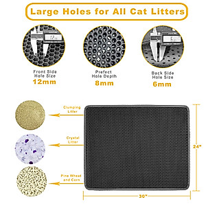 Cat Litter Mat Grey Trapping for Litter Box, XL Jumbo 30 x 24 in, Urine & Waterproof, Honeycomb Double Layer Anti Tracking Kitty Mats, No Phthalate, Washable Easy Clean, Scatter Control