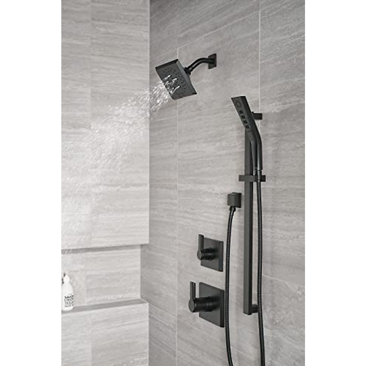 Delta Faucet Pivotal 3-Setting Matte Black Shower System Including Black Shower Head, Slide Bar Handheld Shower, Shower Handle, Shower Diverter and Shower Valve Kit, Delta Shower Trim Kit, Matte Black