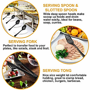Homikit Stainless Steel 3 Large Serving Spoons, 3 Slotted Serving Spoons, 3 Serving Forks, 3 Serving Tongs, 12Pcs Black Metal Catering Banquet Buffet Serving Utensils, Mirror Polished, Dishwasher Safe