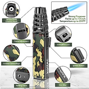 KOLTEC Butane Torch, Outdoor Windproof Cooking Torch Lighter, Refillable Adjustable Jet Flame Kitchen Butane Lighter with Safety and Fire Lock, Gift Box Package (Gas Not Included) (Camouflage)