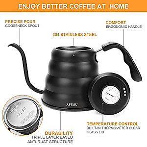 Pour Over Coffee Kettle - Black Gooseneck Kettle with Thermometer - Premium Stainless Steel Coffee Maker Tea Pot, Update Triple Layered Base for all Stovetops, 40 floz/1200ml