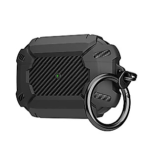 elkson Compatible with AirPods Pro Case, Secure Case Cover with Keychain Hard Shell Protective Bumper Carbon Fiber Full Body Shockproof for AirPod Pro, Black Exia Series Front LED Visible