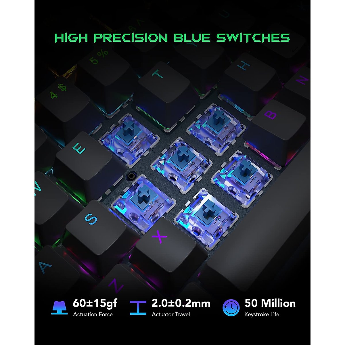 Black Shark RGB Mechanical Gaming Keyboard LED Backlit Wired Keyboard with Blue Switches, Fully Programmable, Anti-Ghosting 104 Keys for Desktop PC, Sixgill K2