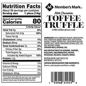 Member's Mark Milk Chocolate Toffee Truffle with Sea Salt (19 oz.), 38 Count (Pack of 1)