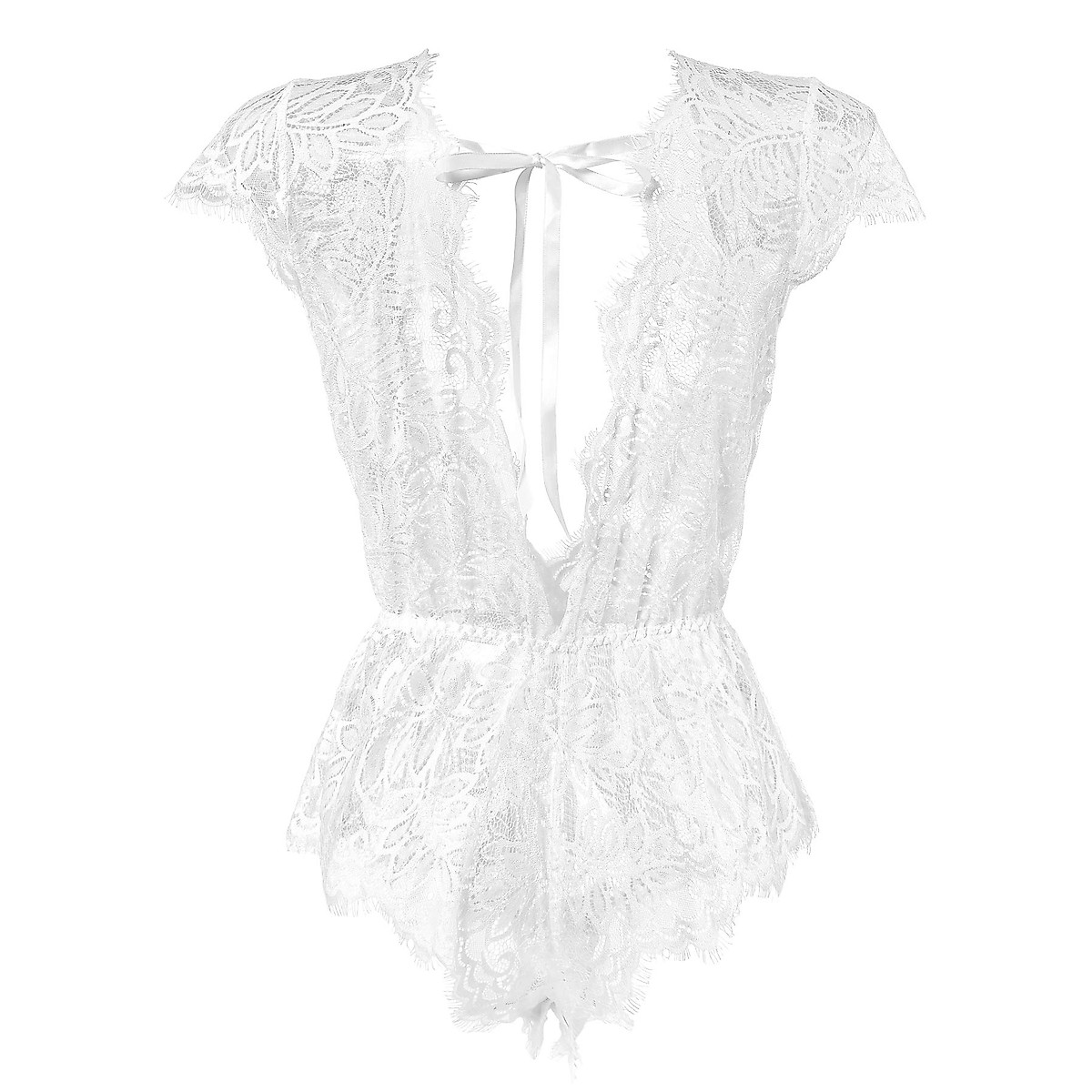 Anyou Womens Lingerie V-Neck Lace Bodysuit Mini Babydoll Featuring Plunging Eyelash Size XS-XXL White