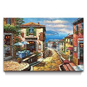UTOP-art Coastal Cityscape Oil Painting Artwork: Italian Town Canvas Wall Art Mediterranean Style Street Painting for Living Room (45” x 30”)