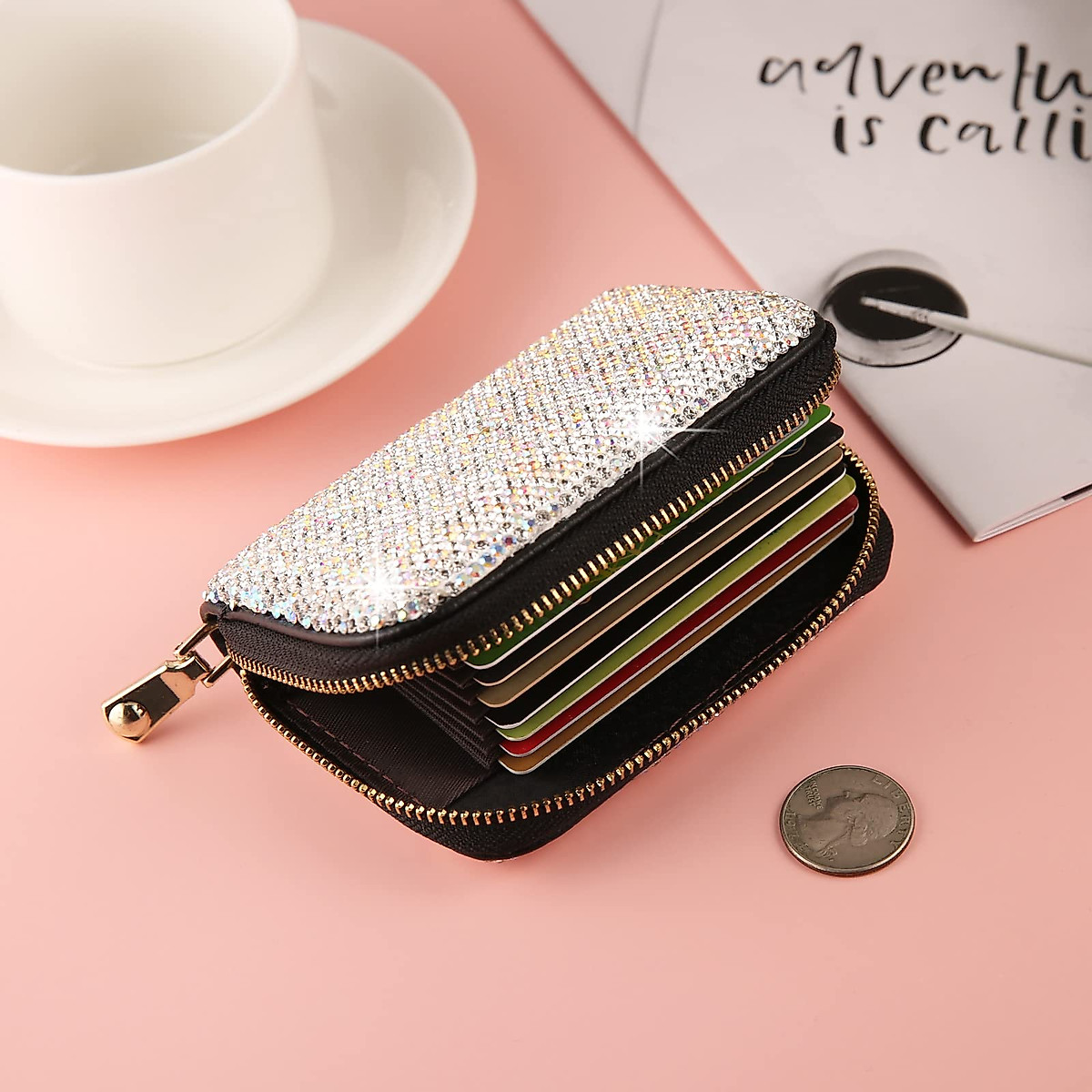 AsAlways RFID Rhinestone Credit Card Holder Multilayer Zipper Case Bling Crystal Slim Small Wallet for Women