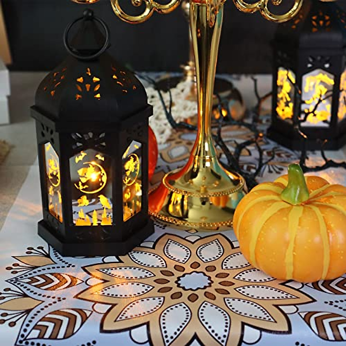 Reperla Festive Lanterns, 7.8" Halloween Decorations Lights with Patterns,Black Flame Effect LED Candle Lantern Kids Gifts for Home,Table,Tree,Activities,Party,Porch (Set of 2)