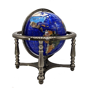 Limited Edition! Unique Art Since 1996 Blue Pearl Swirl Table Top Gemstone World Globe with Silver Zinc Alloy Stand (220MM/9 INCHES 4 LEG/BLUE PEARL OCEAN)