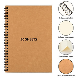 LABUK 7 Pack Blank Spiral Notebook, A5 Unlined Spiral Notebook, 100 Pages Journal Sketch Books 8.3"x 5.5" Soft Cover Kraft Diary Planner, 50 Sheets for School Travel Office (Brown)
