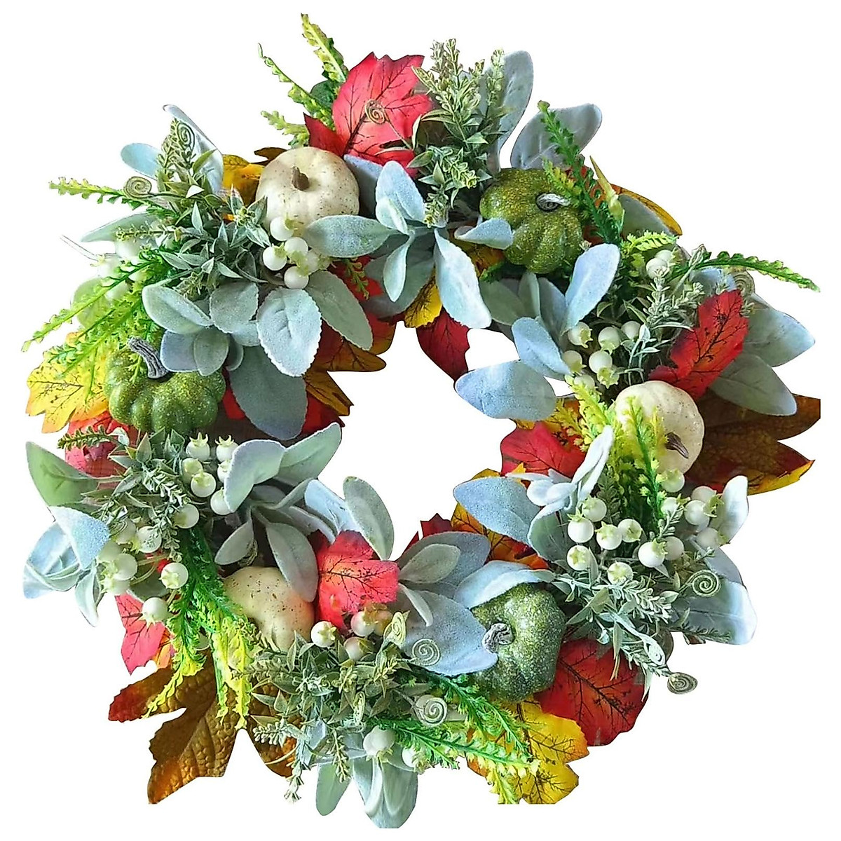 Fall Wreaths for Front Door Harvest Wreath with White Pumpkin Cotton Lamb's Ear Eucalyptus Leaves Farmhouse Autumn Wreath for Thanksgiving Halloween Decoration Indoor Outdoor (Maple-13.77IN)