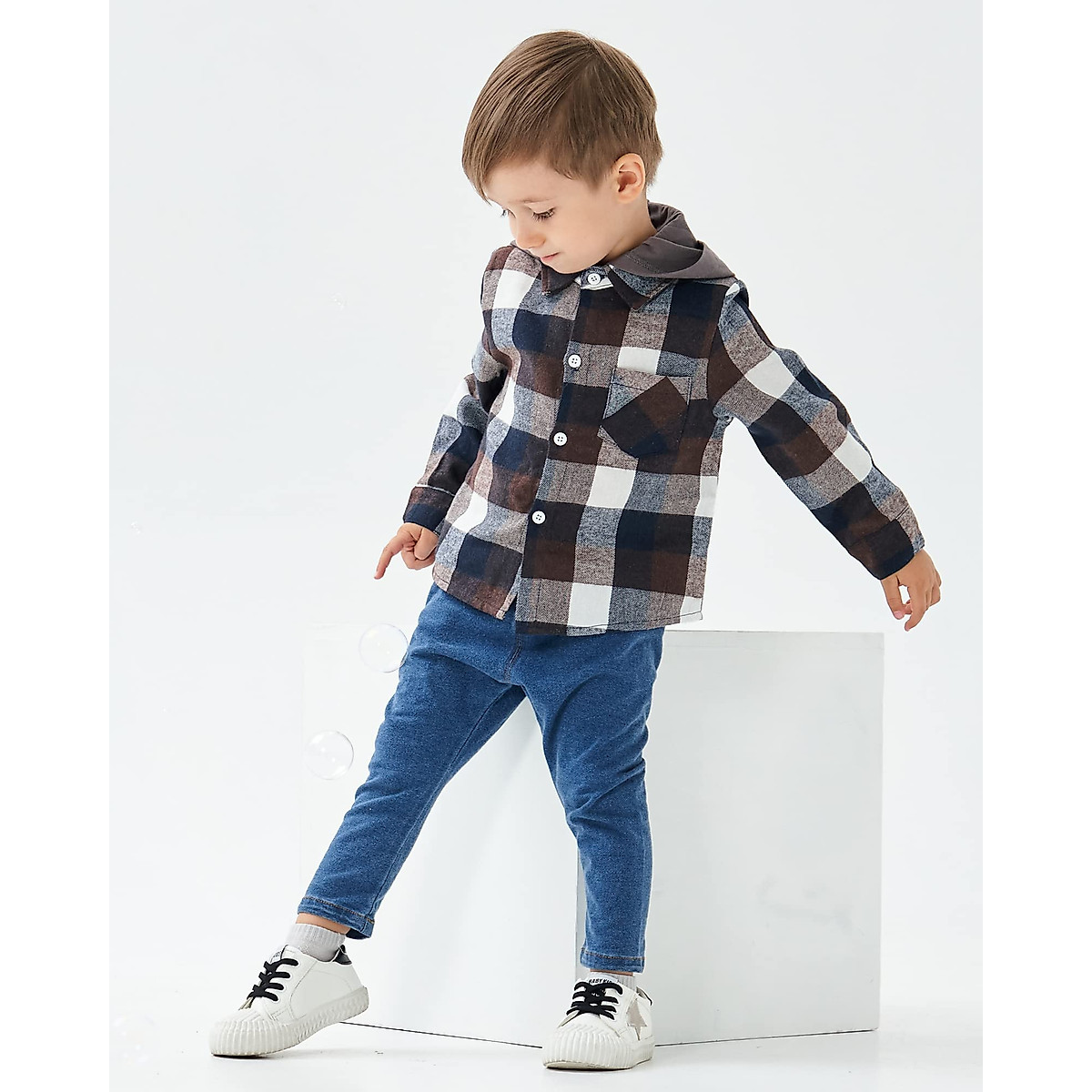 Toddler Boy Girls Clothes Plaid Long Sleeve Shirt Boys Collared Hooded Flannel Shirt Top Fall Jacket Outfits Yellow 2T 3T Button Down Shirt