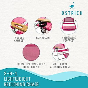 Ostrich 3N1 Lightweight Lawn Beach Reclining Lounge Chair with Footrest, Outdoor Furniture for Patio, Balcony, Backyard, or Porch, Pink