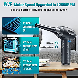 【Brushless Motor 120000RPM】KACNON Compressed Air Duster, 3-Gear Dust Blower Electric Air Duster for Computer Cleaning, 15W Fast Charging, LED Light & 4 Battry Indicator, 7500mAh Replace Air Cans