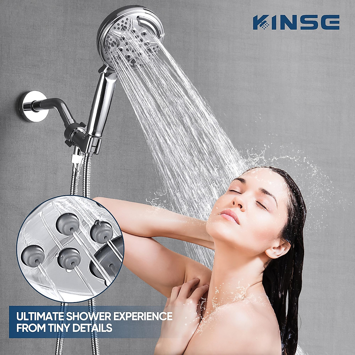 KINSE High Pressure Shower Head with Hose,9-Mode Handheld Shower Head, 5" Shower Head with 71" Extra Long Shower Hose & Adjustable Bracket,Built-In Power Wash to Clean Tub, Tile & Pets