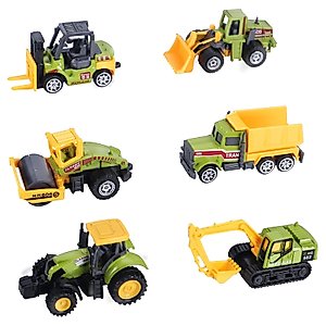 ANDOLO Mini Construction Trucks Toys, Small Construction Toys 6Pcs Construction Vehicles Tractor Toys Sand Vehicle Playset Forklift Roller Dump Truck Tractor Excavator Bulldozer