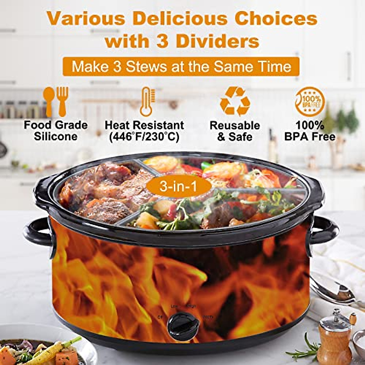 Dompion Silicone Slow Cooker Liners, Reusable 3 Divider Insert Fits for Crock-pot Oval 6 QT Slow Cooker, Dishwasher Safe, Easy Cleanup, Food-Grade BPA Free Cooking Liners for Most 6 QT Slow Cooker