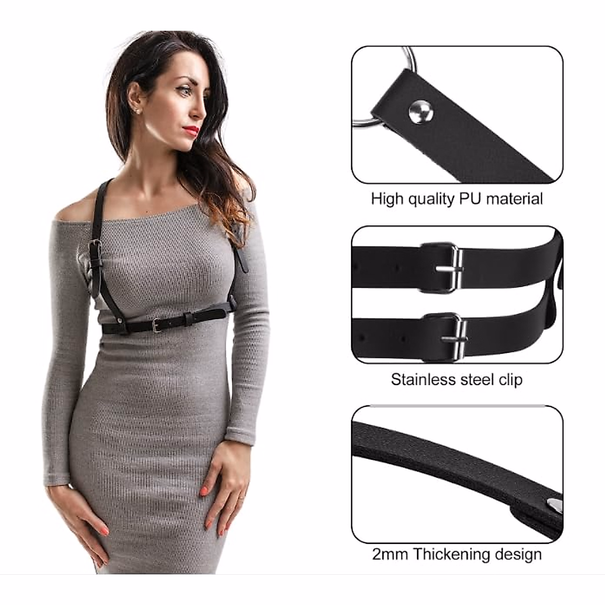 Ulekuke Punk Black Leather Body Harness Belt for Women Gothic Adjustable Waist Belts Fashion Accessories (Black D)