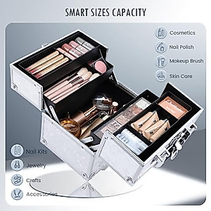 FRENESSA Makeup Train Case Portable Cosmetic Box Organizer 4 Trays Aluminum Makeup Case Storage with Divider Lockable for Makeup Artist, Crafter, Makeup Tools Elagant Silver Rose