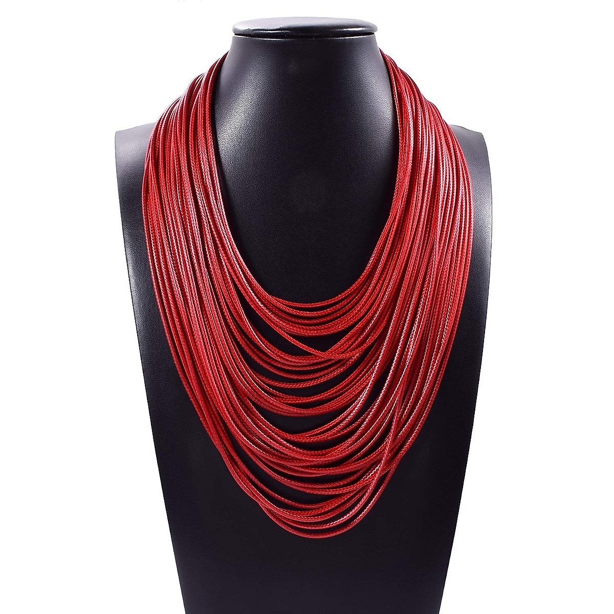Yuhuan Necklace Women Fashion Bib Choker 36 Layers Wax Line Collar Statement Jewelry (Red)