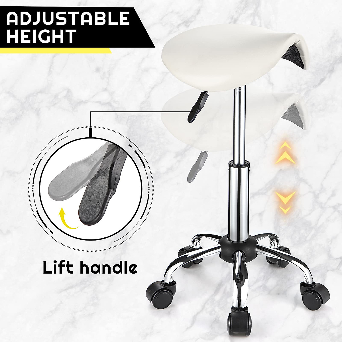 FNZIR Saddle Rolling Stool with Wheels PU Leather Height Adjustable Swivel Stools Chair White