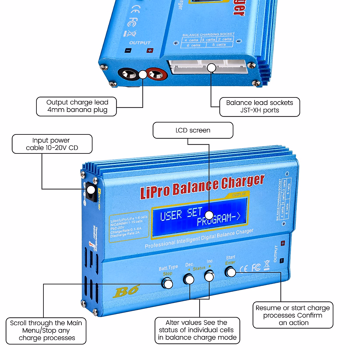 diymore Balance Charger Discharger 1S-6S Digital Battery Pack Charger 80W 6A with AC Adapter for Li-ion/Life/NiCd/NiMH/LiHV/PB/Smart Battery