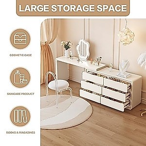 HOTICKME White Makeup Vanity Set, Modern Makeup Vanity with LED Mirror, Vanity Desk with Chair & Drawers & Cabinet, Dressing Table for Girls, Bedroom Dresser