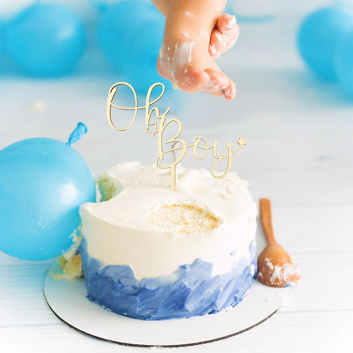 CC TOWN Oh Boy Cake Topper -Wooden Oh Boy Cake topper, Baby Shower, Gender Reveal, It's a Boy Party Cake Decorations Supplies