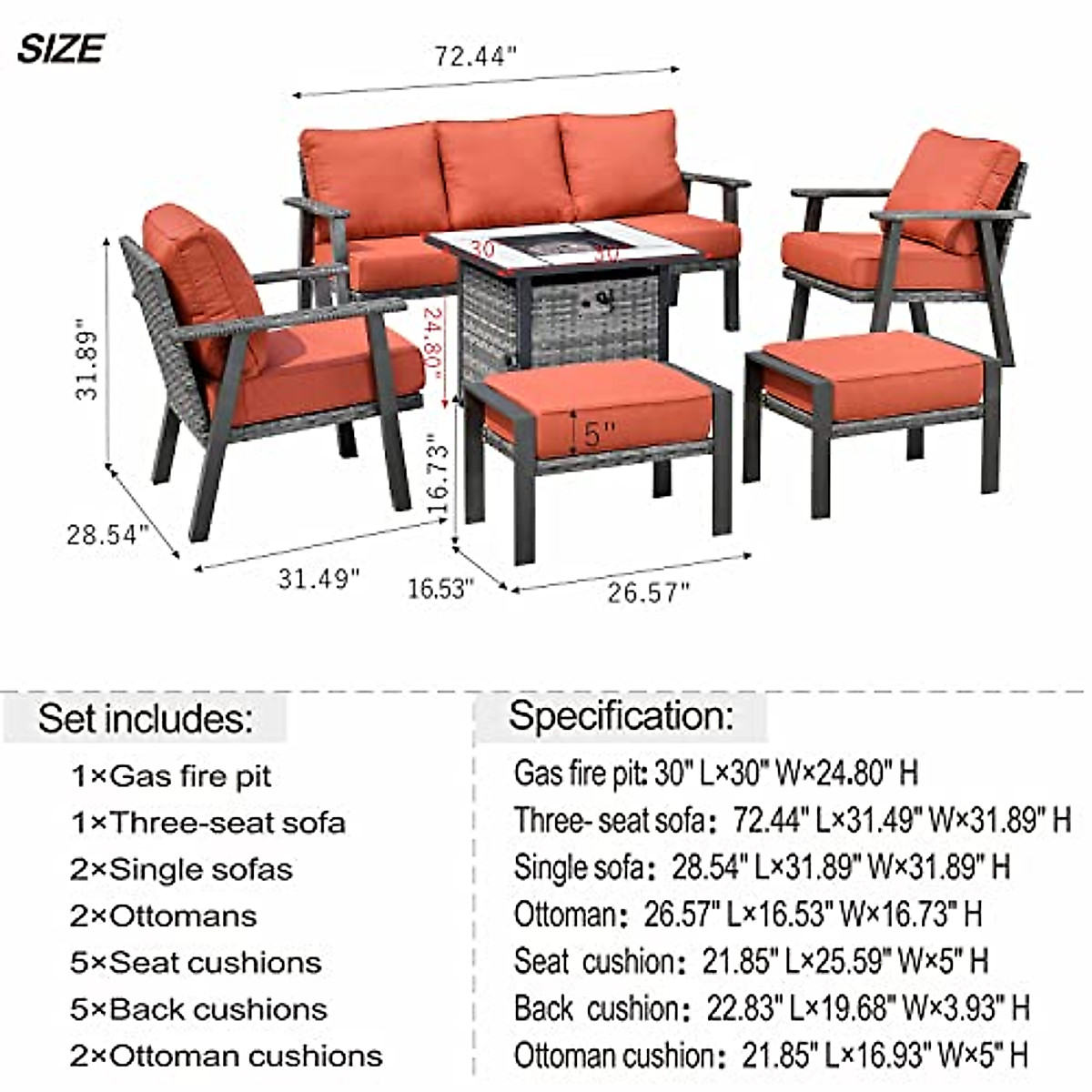 ovios Patio Furniture Set 6 PCS All Weather Outdoor Wicker Rattan Sofa Set with Fire Pit Table Ottomans High Back Sofa Thick Cushion Garden Backyard Porch (Orange Red)