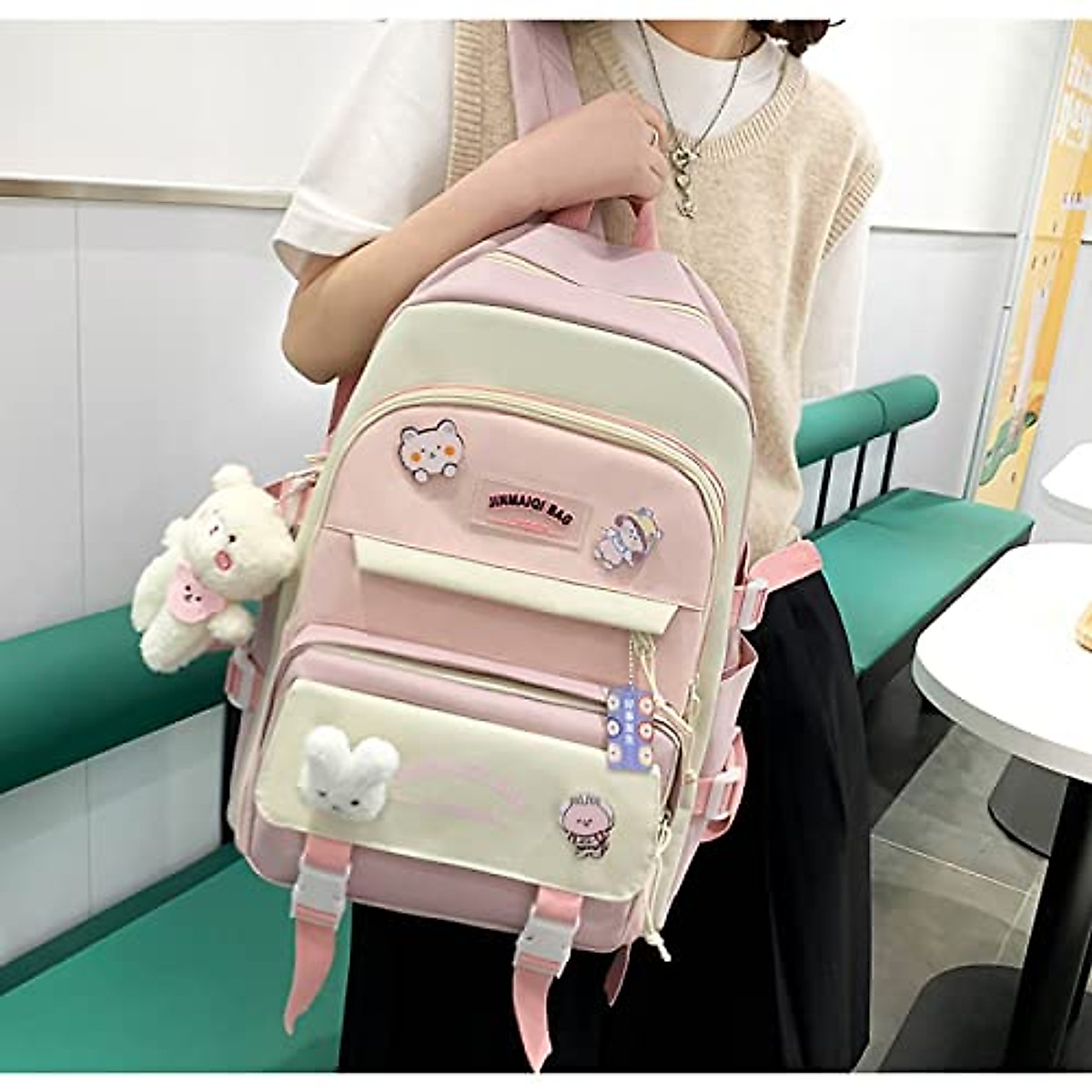 5pcs Backpacks Set Bear Pendant Pins Kawaii Japanese Daypack Back to School Supplies Tote Shoulder Bag Front Pocket Pouch (Pink,unisex-adult,One Size)