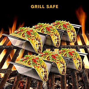 Taco Holder, Taco Stand, Taco Holders Set of 4, Stainless Steel Taco Rack with Handles, Each Metal Taco Tray Plates Holds Up to 2 or 3 Hard or Soft Taco Shells, Oven Grill and Dishwasher Safe