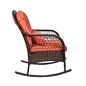 B BAIJIAWEI 2pcs Outdoor Wicker Rocking Chair All Weather Wicker Rocker Chair with Cushions for Garden Patio Yard Porch Lawn Balcony Backyard (2PCS-Brown Wicker-Orange)