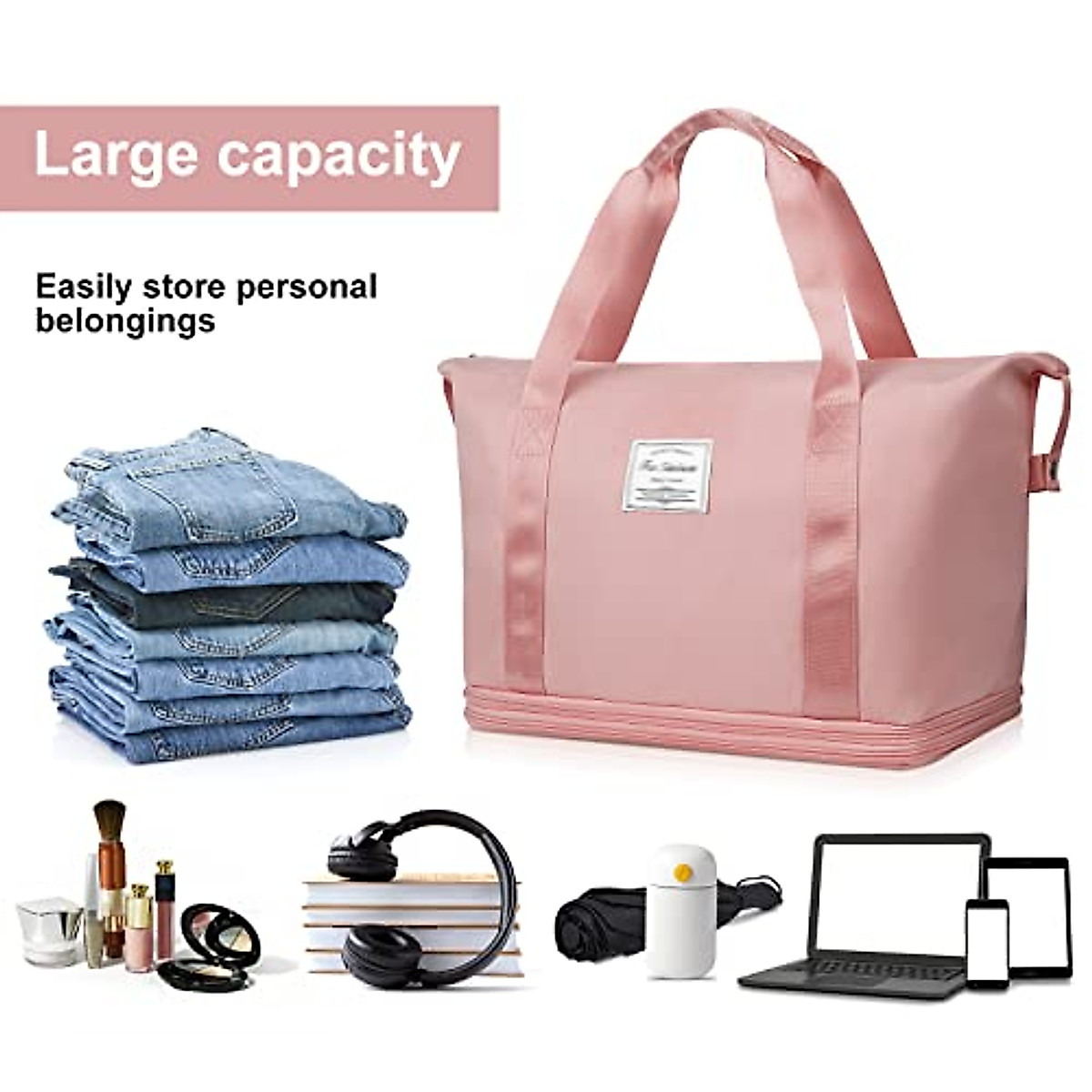 Large Capacity Folding Travel Bag, Expandable Portable Waterproof Travel Duffel Bags, Lightweight Weekender Overnight Carry on Bag for Travel Sports Gym, B Pink