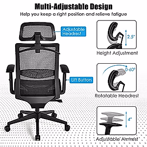 GOFLAME Ergonomic Mesh Office Chair, Swivel Executive Chair with Reclining High Backrest, Rotatable Headrest, Clothes Hanger and Lumbar Support, Height Adjustable Computer Desk Chair (Black)